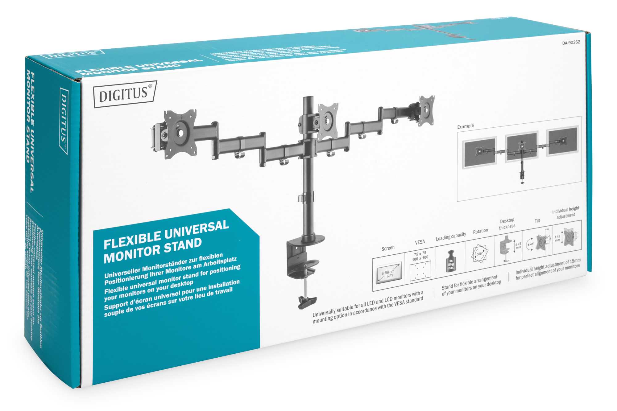 Support triple écran avec pince de fixation - DIGITUS